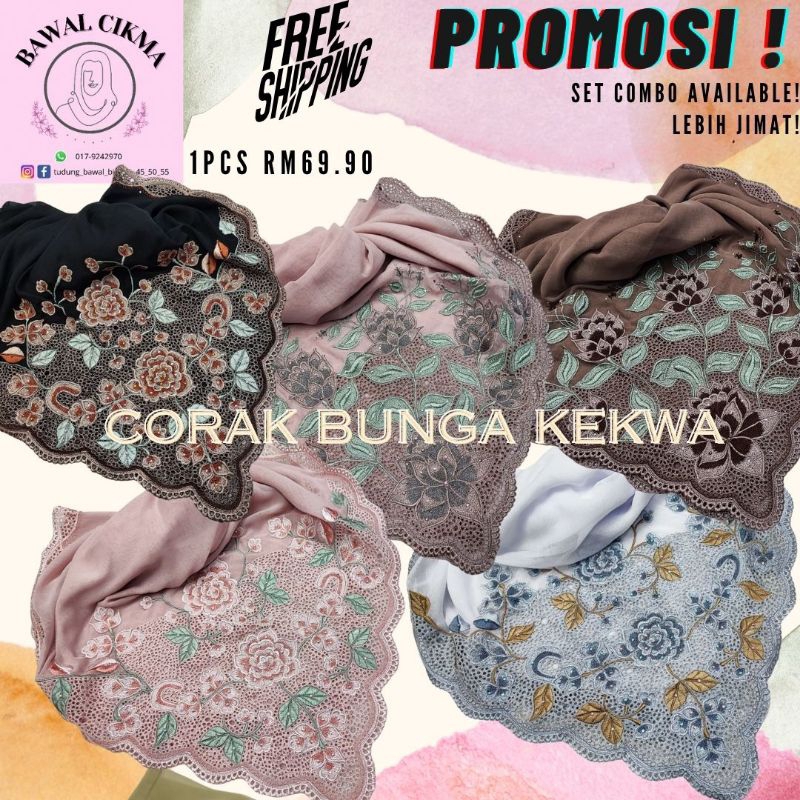 RAYA VIRAL TUDUNG🔥 BAWAL CORAK BUNGA KEKWA BIDANG 45 SULAM KERAWANG NO ...