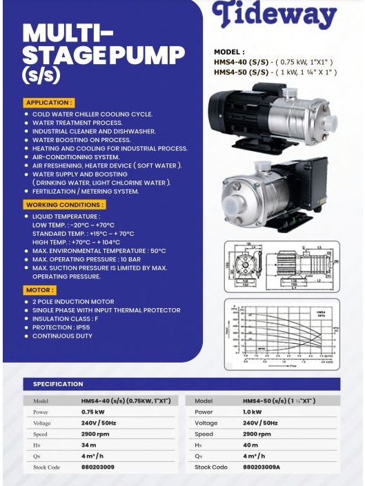 TIDEWAY MULTI-STAGE PUMP HMS4-40 (S/S) (0.75KW, 1"X1") | Shopee Malaysia
