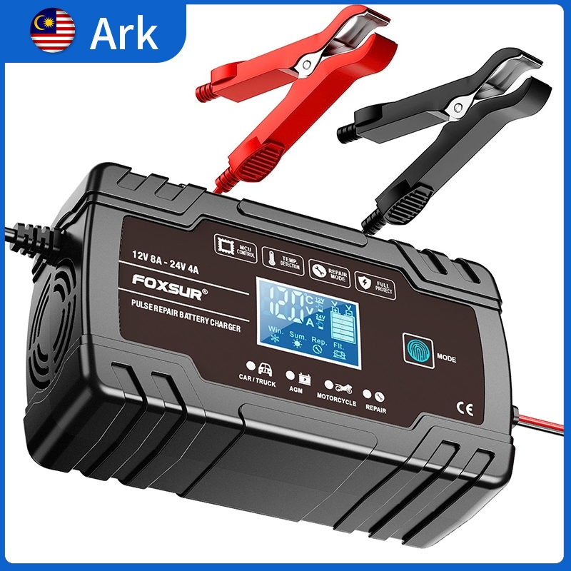 ARK 🇲🇾 Foxsur black industrial style 12V 24V AGM charger 8A motorcycle ...