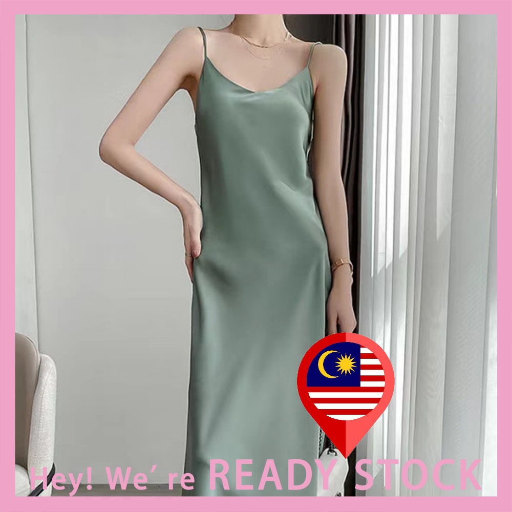Baju Raya Women V-Neck Silk Satin Dress | Long Elegant Office Lady ...