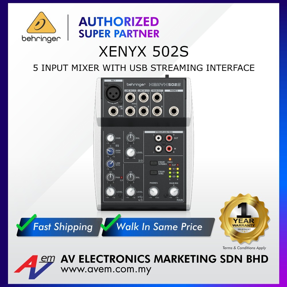 BEHRINGER XENYX 502S Premium Analog 5-Input Mixer with USB Streaming ...