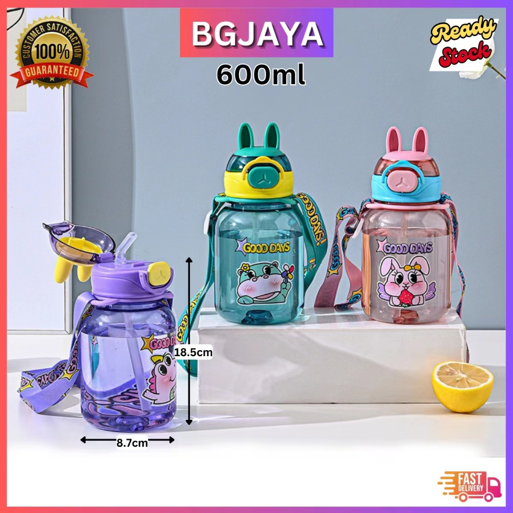 600ml Kids Water Bottle Cute Cartoon Drinking Bottle with Straw and Strap BPA Free Botol Air ...
