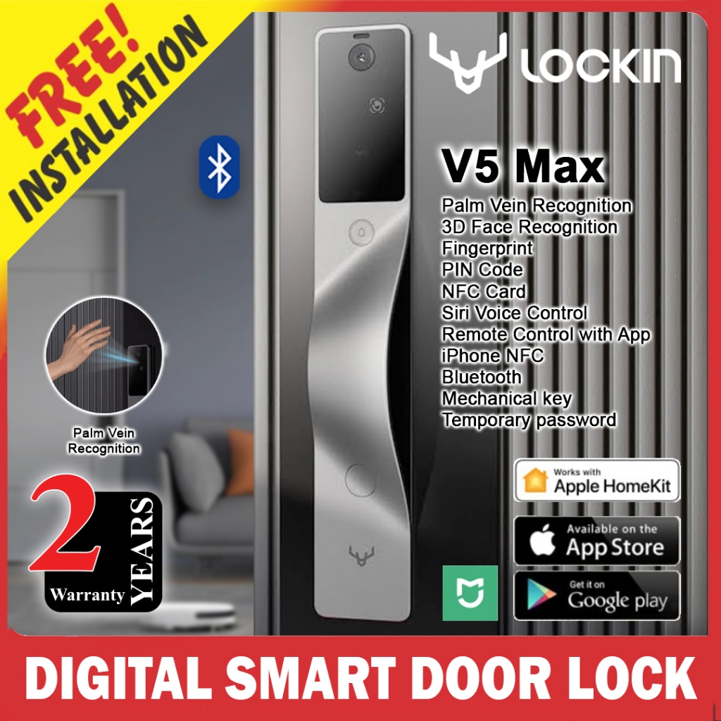 Lockin V5 Max Smart Digital DoorLock Palm Vein, 3D Face Recognition, Fingerprint, NFC Card work ...
