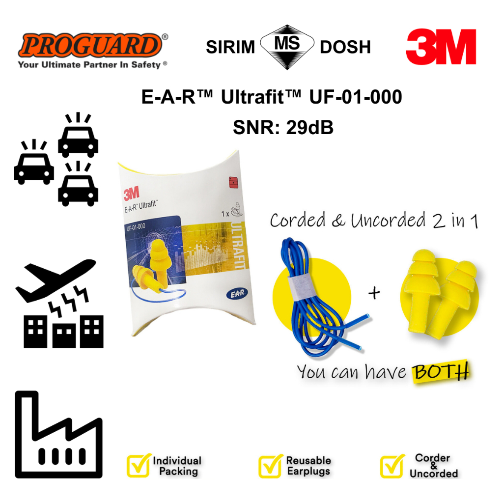 5 Prs/Pck 3M SNR 29dB UF-01-000 E-A-R Ultra Fit Corded Uncorded ...