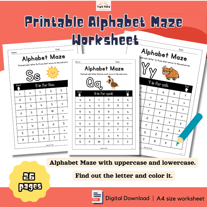 W001- PDF Digital Printable Alphabet Maze Letter Maze Worksheet ...