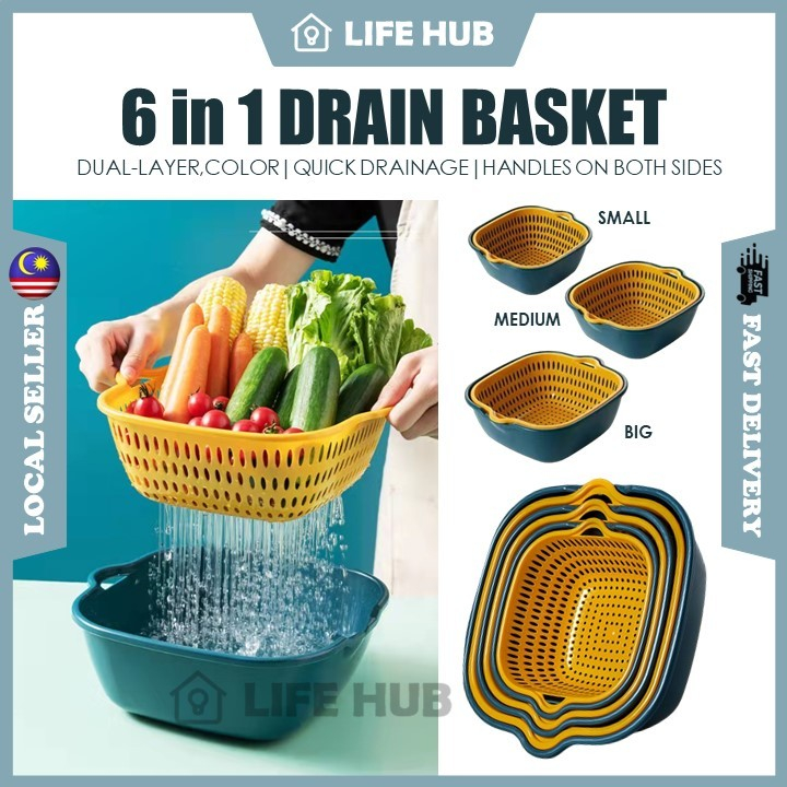 DUAL Layer 6 in 1 Drain Basket Fruit Vegetables Strainer Rinse Wash ...