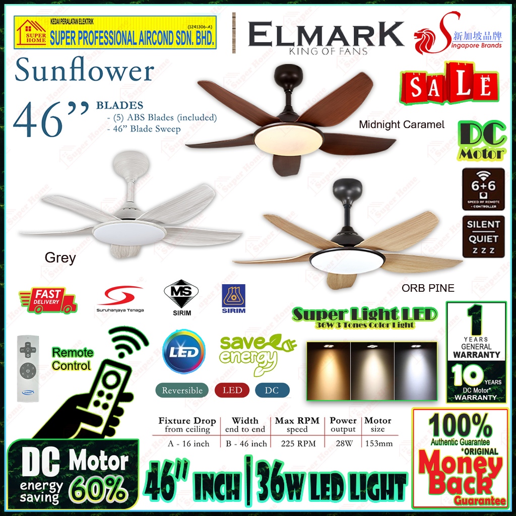 Elmark DC Fan With LED Light Sunflower 46 inch Remote Control DC Motor ...