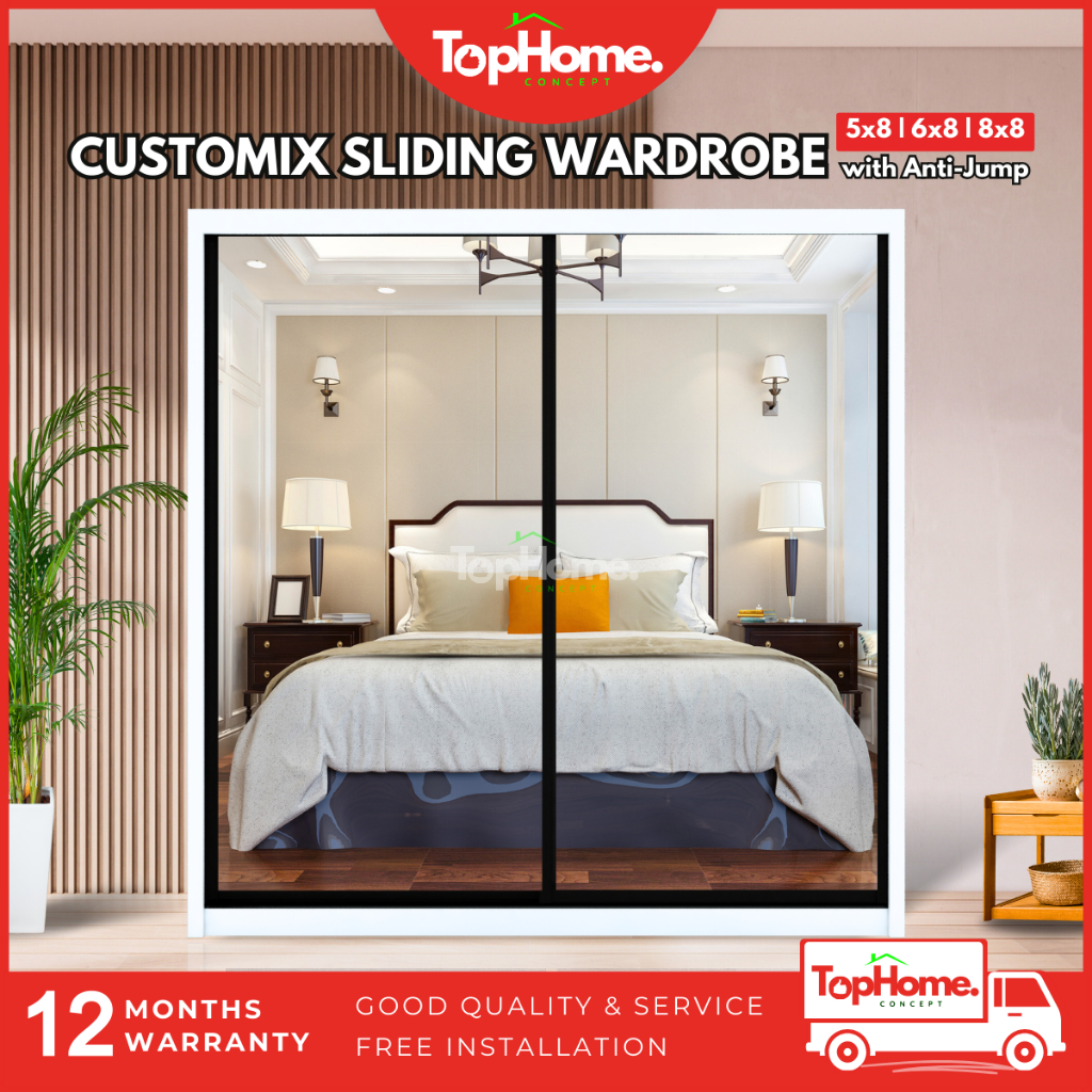 🔥FREE INSTALL🔥Customix Almari Baju Mirror Wardrobe Sliding Door Anti Jump Mirror Cermin 5ft 6ft ...