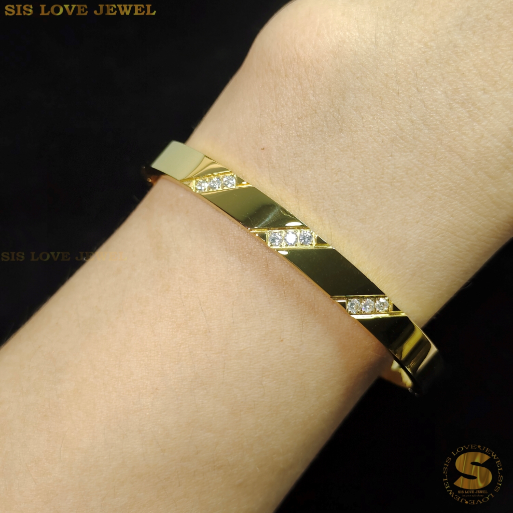 Sis Love Jewel Titanium Steel 18K Gold Plated Zirconia Oval Bangle ...