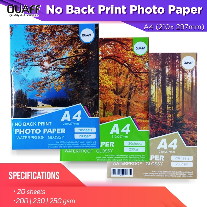 QUAFF No Back Print Photo Paper Glossy / Inkjet Photo Paper A4 200GSM / 230GSM (20 sheets / pack ...