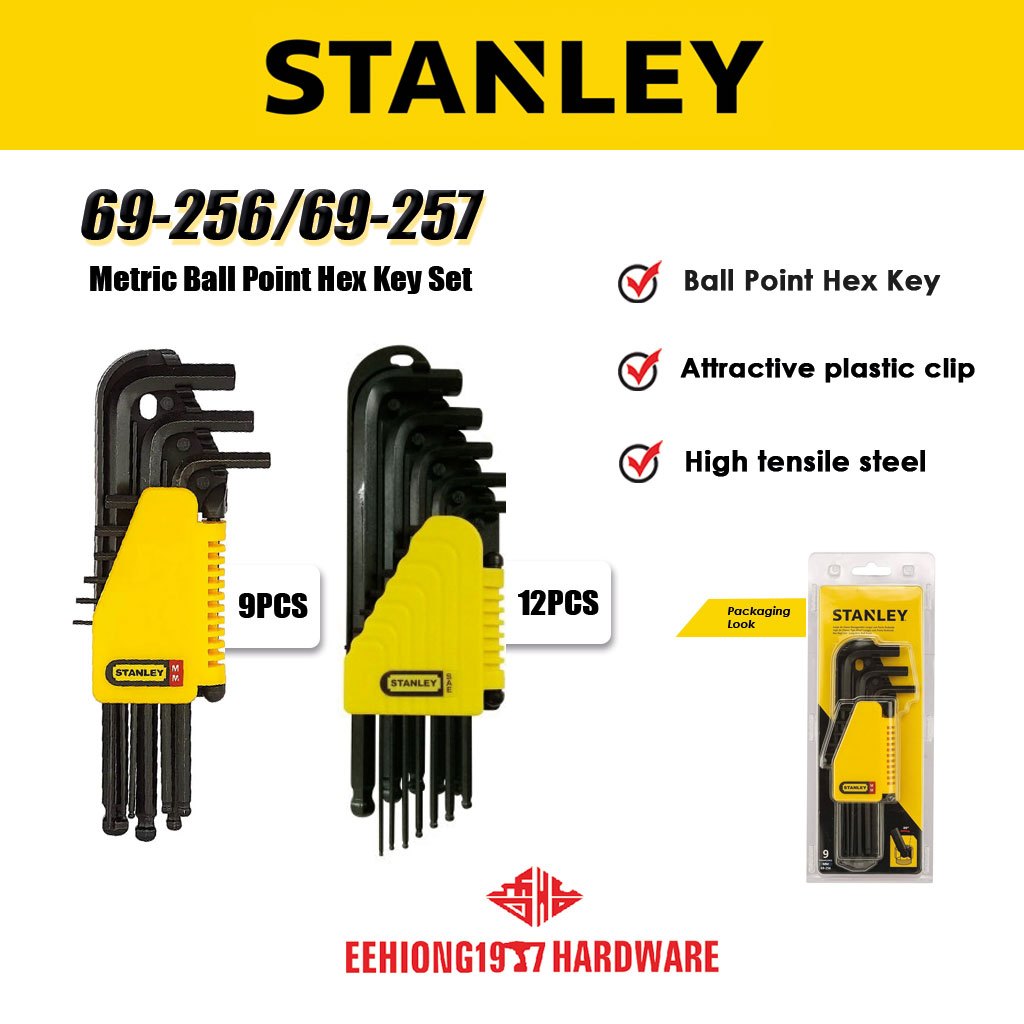 STANLEY 69-256 69-257 9pcs 12pcs Ball Point Metric Hex Key Set Long Arm Hex Key Allen Key Set ...
