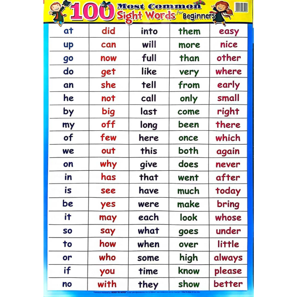 100 MOST COMMON SIGHT WORDS CHART | Shopee Malaysia