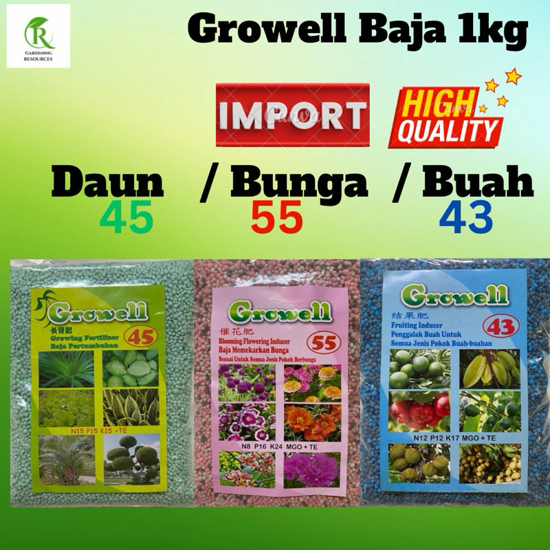 Growell Baja 1kg Hijau 45 Growing/ Bunga 55 Flowering/ Buah 43 Fruiting叶花果肥 | Shopee Malaysia