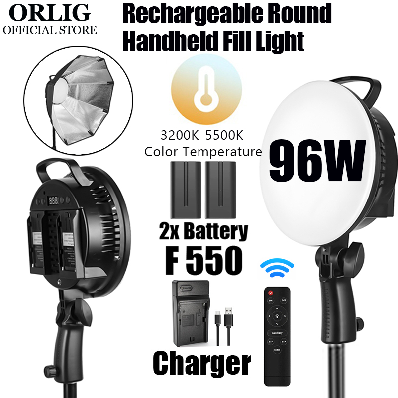 96W LED Rechargeable Round Handheld Studio Video Fill Light Continuous ...