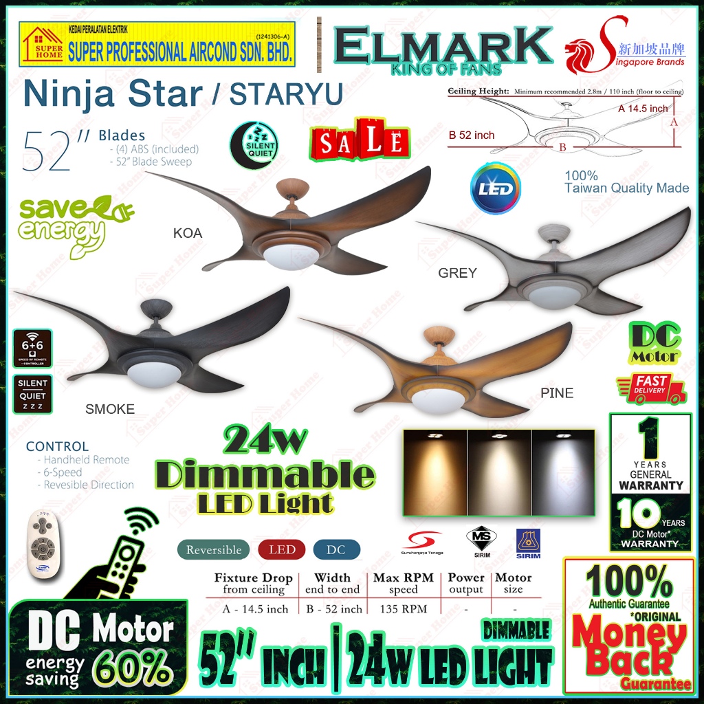 Elmark DC Motor Ceiling Fan Ninja Star / STARYU 52 inch Remote Control ...