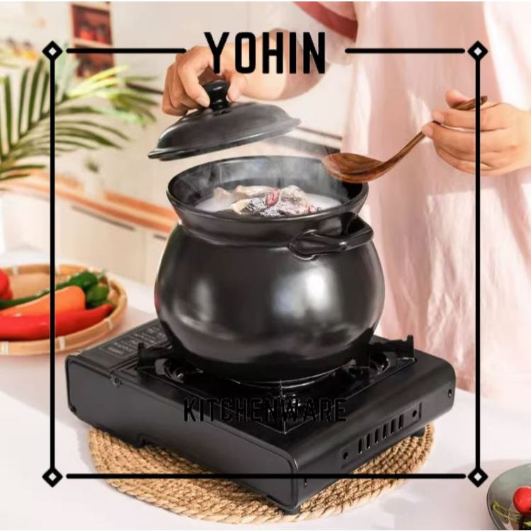 YOHIN Japanese Black Ceramic Cooking Pot Casserole Claypot Soup Pot ...