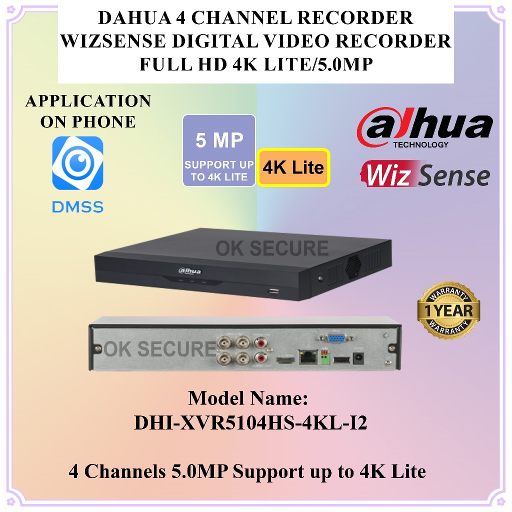 Dahua XVR5104HS-4KL-I2 4 Channel Penta-brid 4K-N/5MP Compact 1U 1HDD WizSense 4K Lite Digital ...