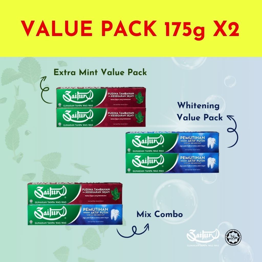 ZAITUN Value Pack Toothpaste[ Whitening - Extra Mint ]175g X2 / Ubat Gigi Pudina Tambahan atau ...