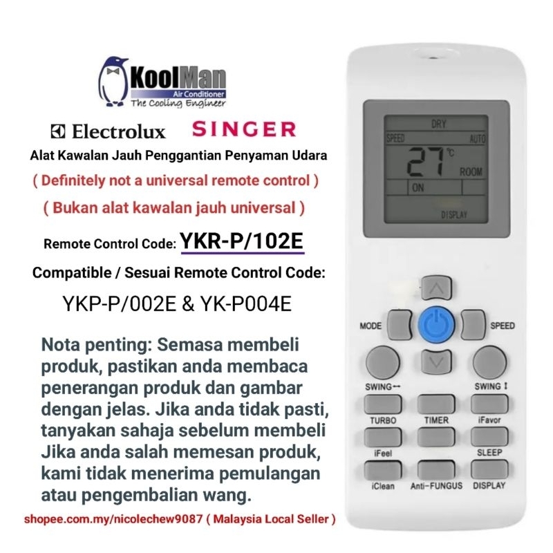 KoolMan/Singer/Electrolux Air Cond Air Conditioner Replacement Remote ...