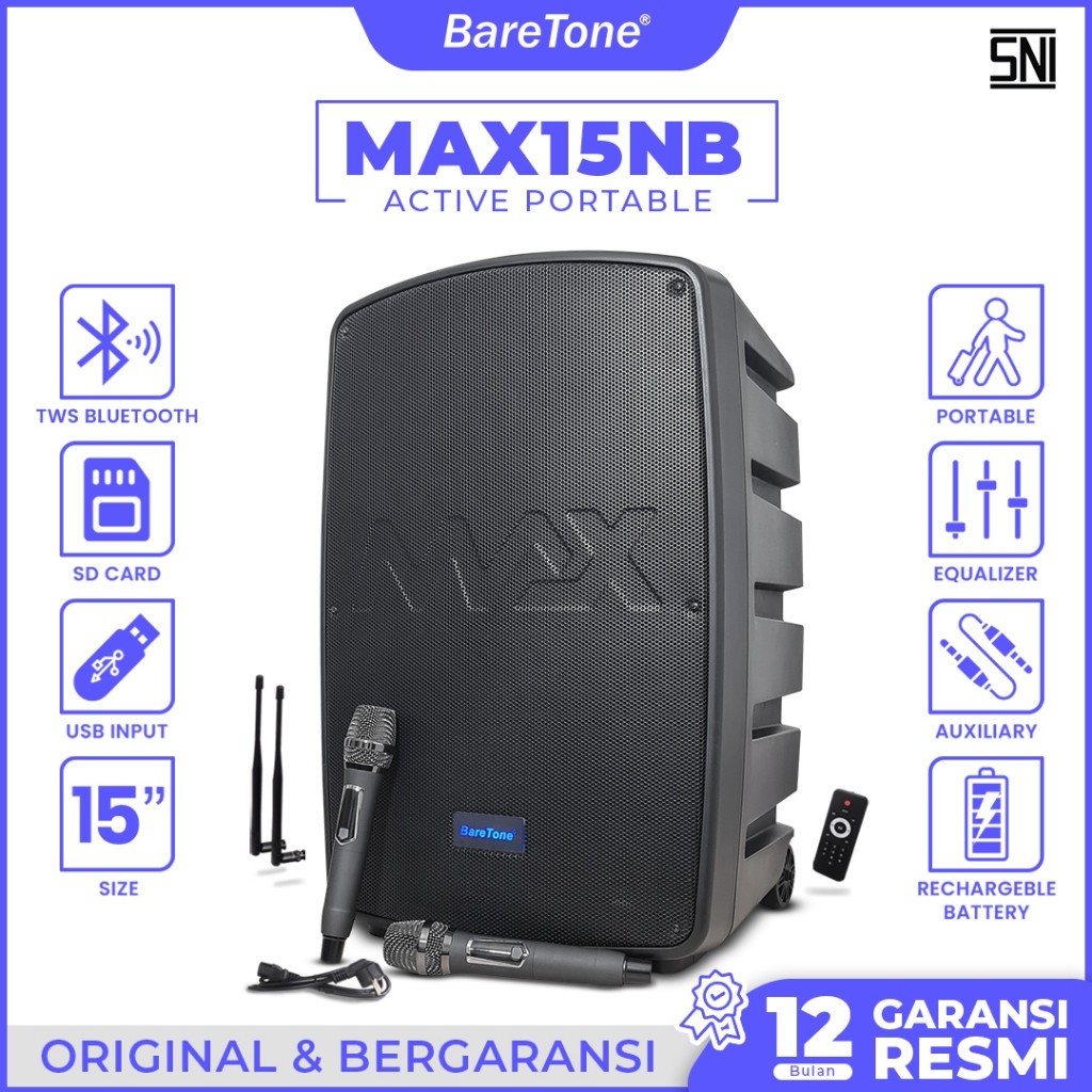 Baretone MAX-15NB 15" Portable Speaker Bluetooth with Two UHF Wireless ...