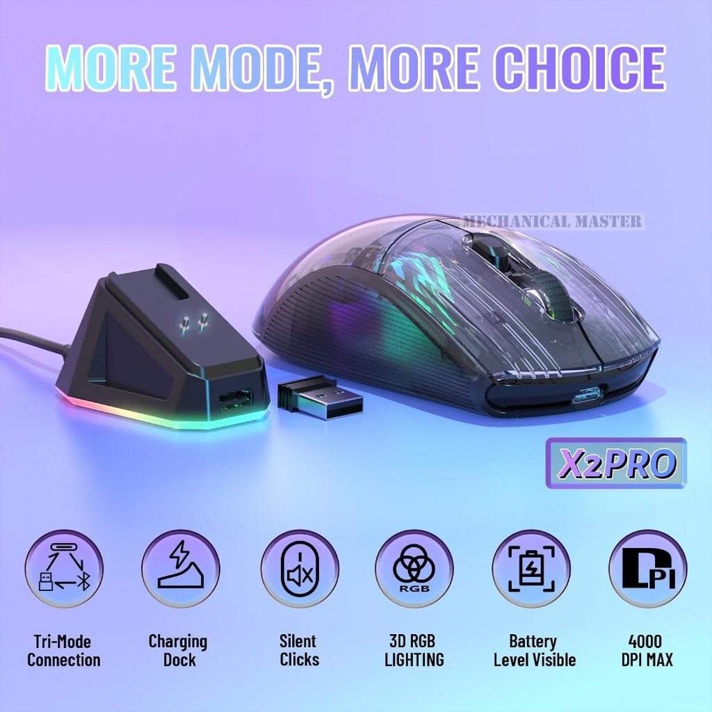 X5 / X2 Pro Wireless Gaming Mouse Silent Transparent Rechargeable 2.4G ...
