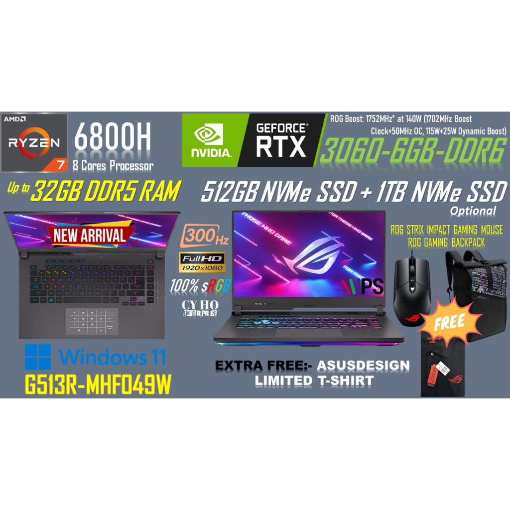 Asus ROG Strix G513 R7-6800H+RTX3060-6GB 140W + 512GB NVMe SSD / up to ...