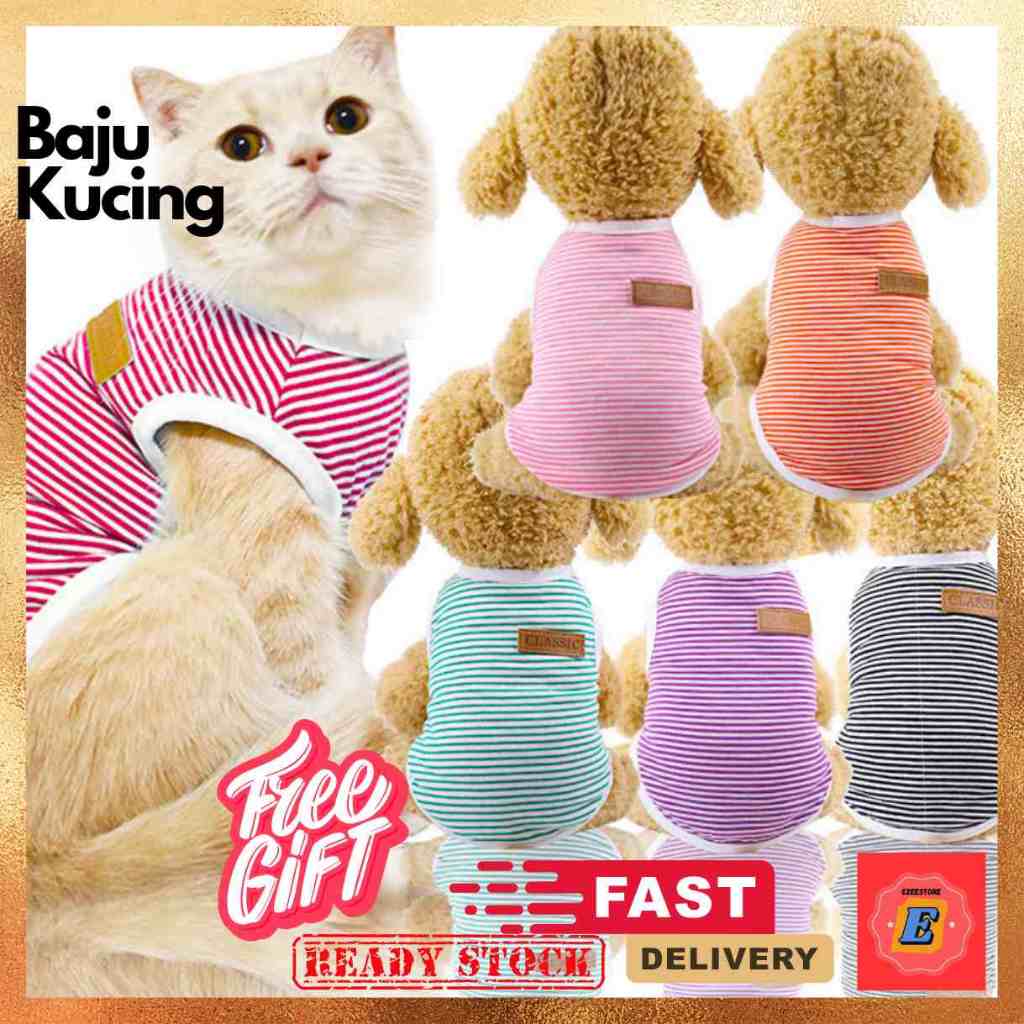 Cat Clothes Stripe Pet Dog Waffle Style Shirt Costume Baju Kucing ...