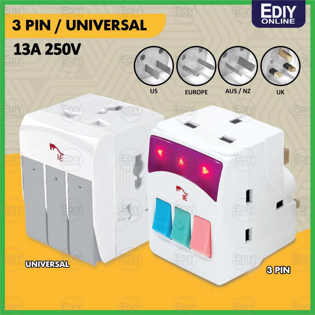 3 Way Switch Adaptor Universal Socket With Neon Indicator Adapter ...