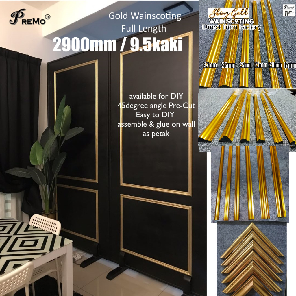 PREMO Wall- Pre-cut Shiny Metalic Gold Wainscoting- 45 degree angle cut ...