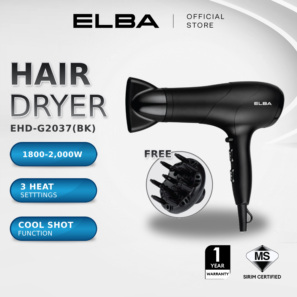 ELBA Hair Dryer EHD-G2037(BK) - 2speeds Control, 3 Heat Settings - Black (1800W-2000W) | Shopee ...