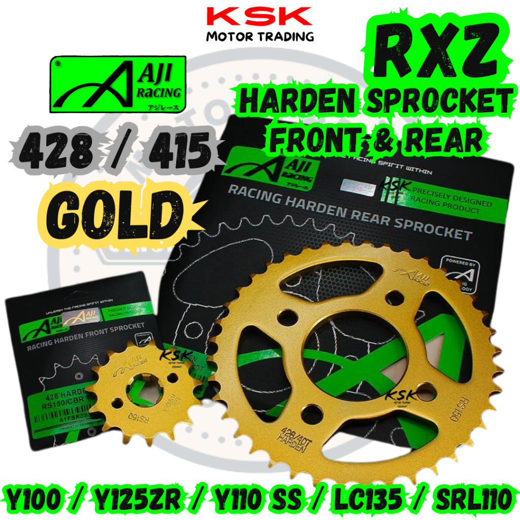 AJI RACING FRONT & REAR SPROCKET GOLD HARDEN STEEL 428 / 415 RXZ LC135 Y125Z Y110 SRL110 14T 15T ...