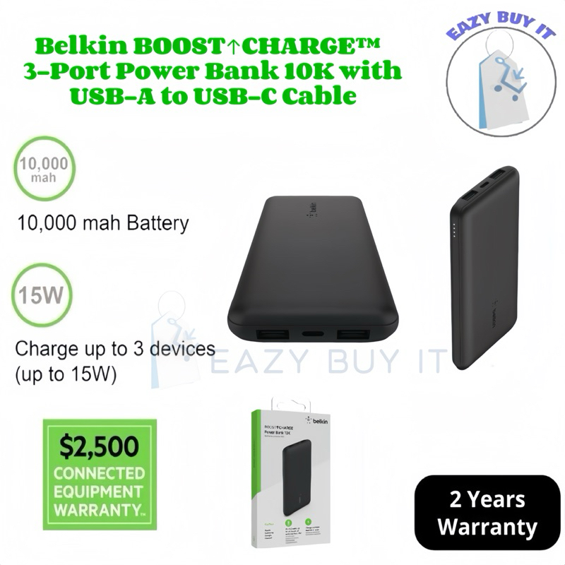 BELKIN BOOST-CHARGE 2 USB-A PORTS & 1 USB-C PORT 15W POWER BANK 10000 ...