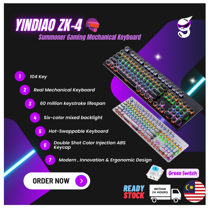 YINDIAO ZK4 Real Mechanical Gaming Keyboard 104 Keys RGB Light Effects ...