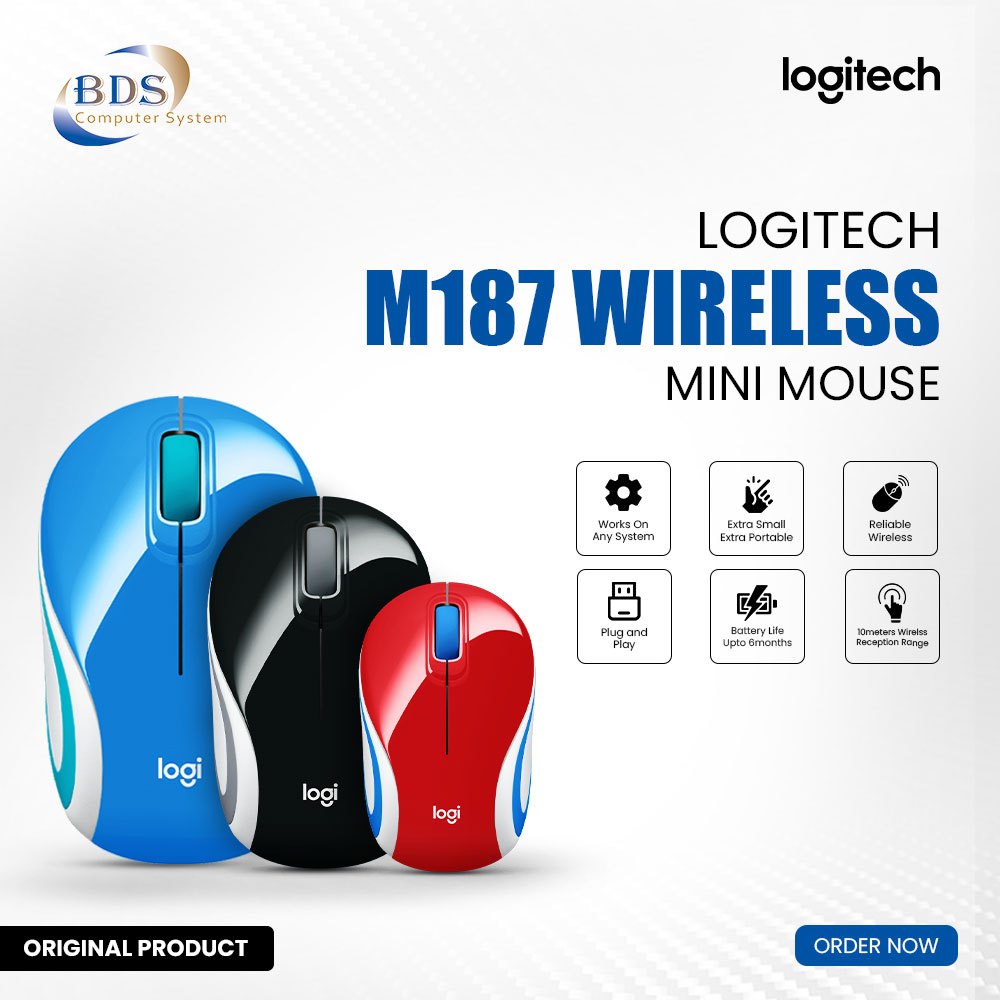 Logitech M187 Wireless Ultra Portable (Mini Mouse) - Black, Blue & Red ...