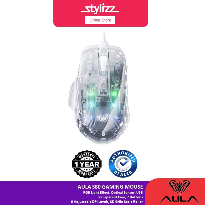 AULA S80 TRANSPARENT WIRED OPTICAL GAMING MOUSE - RGB LIGHT EFFECT ...