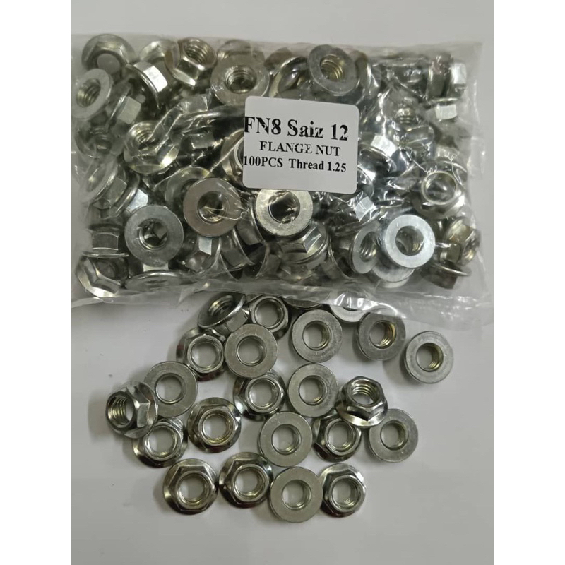 (100PCS) FN8, M8 THREAD 1.25, FLANGE NUT Saiz 12, BUY 5 foc 1 BUY 10 ...