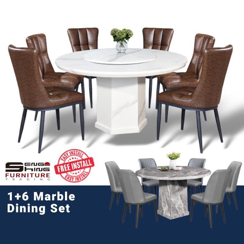 [SIAP PASANG]SENG HING 1+6 Marble Round Dining Table Set /1+6 Chairs ...