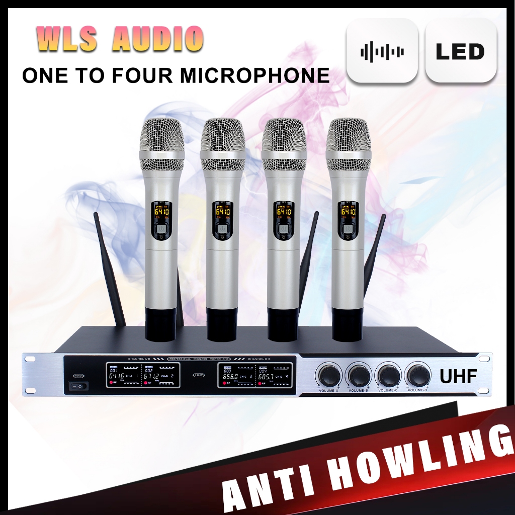 HLHU Professional UHF 4 Channel Wireless Microphone System Home Karaoke Party Stage Microphone ...
