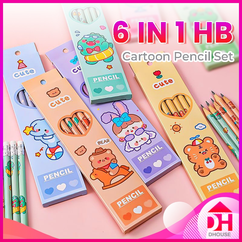 6 in 1 Cute Cartoon HB Pencil With Eraser Kids Children Graphite ...