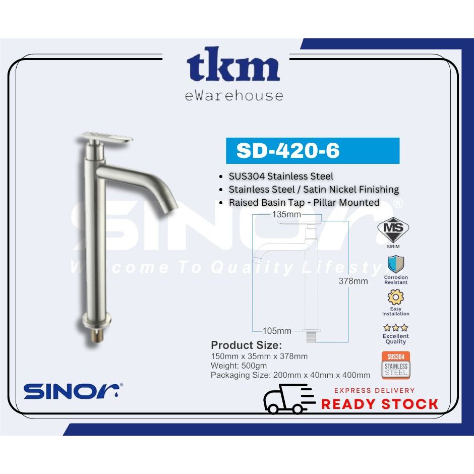 SINOR SS-2016-H SUS304 STAINLESS STEEL RAISED BASIN TAP BATHROOM SINK ...