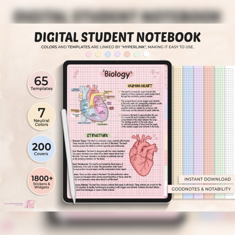 Portrait Digital Student Notebook with Tabs, Note Paper, Digital Paper ...