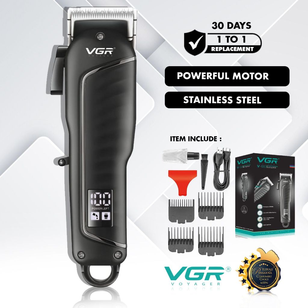 VGR V-683 Professional cordless Hair Clipper with LED Display, Stainless steel Blades, USB ...