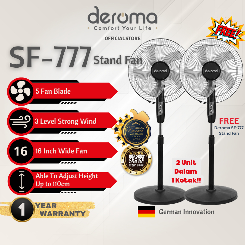 Deroma SF-777 Kipas Stand Fan 3 Speed With 5 Blades Lightweight & Low Noise (16") | Shopee Malaysia