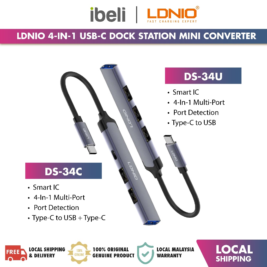 LDNIO DS-34C DS-34U 4-In-1 USB-C Hub Adapter Dock Station Mini ...