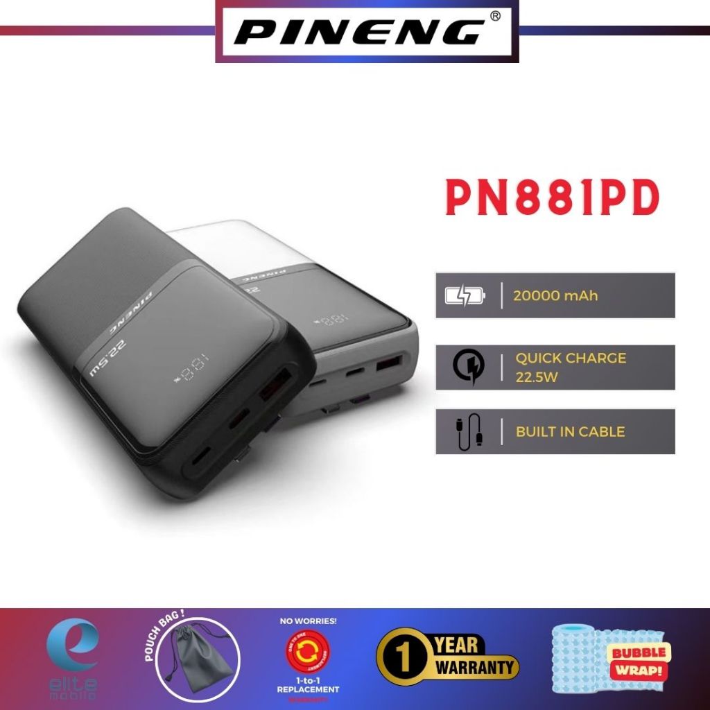 Pineng PN 881 PD (20000mAh) Powerbank 22.5W QC 3.0, Built in Cables ...