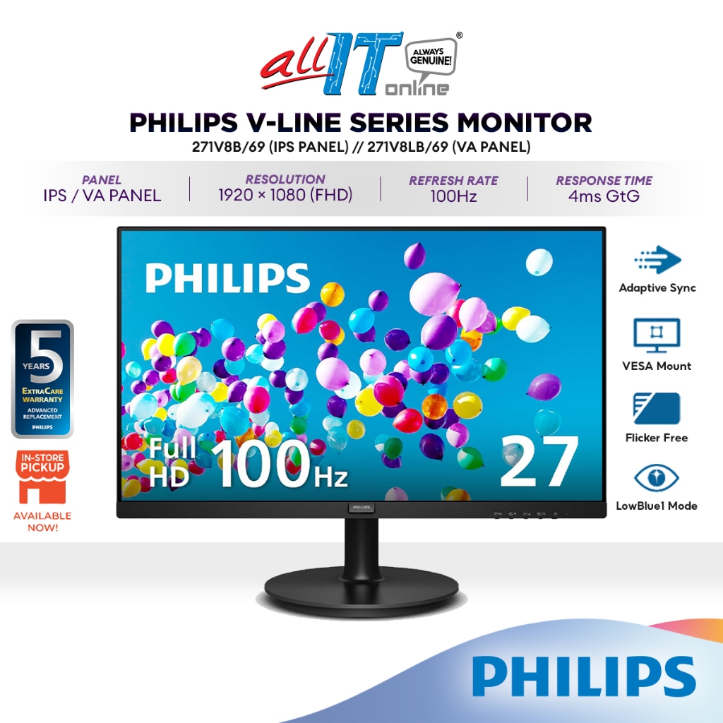 Philips 271V8LB (VA) / 271V8B (IPS) 27" FHD Monitor | 100Hz | Adaptive ...