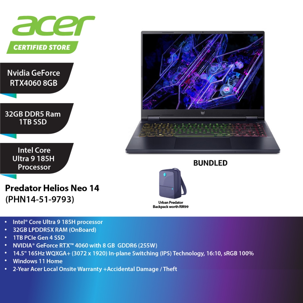 Acer Predator Helios Neo 14 PHN14-51-9793 14.5" WQXGA+ 165Hz Gaming ...