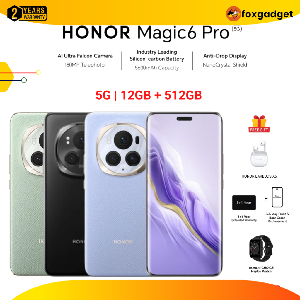 HONOR Magic 6 Pro 5G [12GB RAM + 512GB ROM] | 5600mAh Battery | 80W Charging | Nano Crystal ...