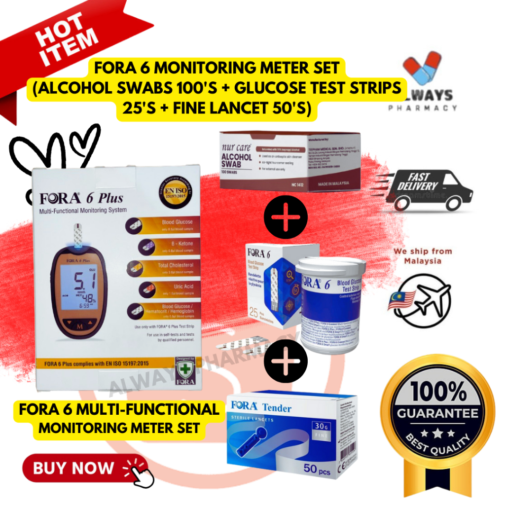 FORA 6 MONITORING METER SET (ALCOHOL SWABS 100'S + GLUCOSE TEST STRIPS ...