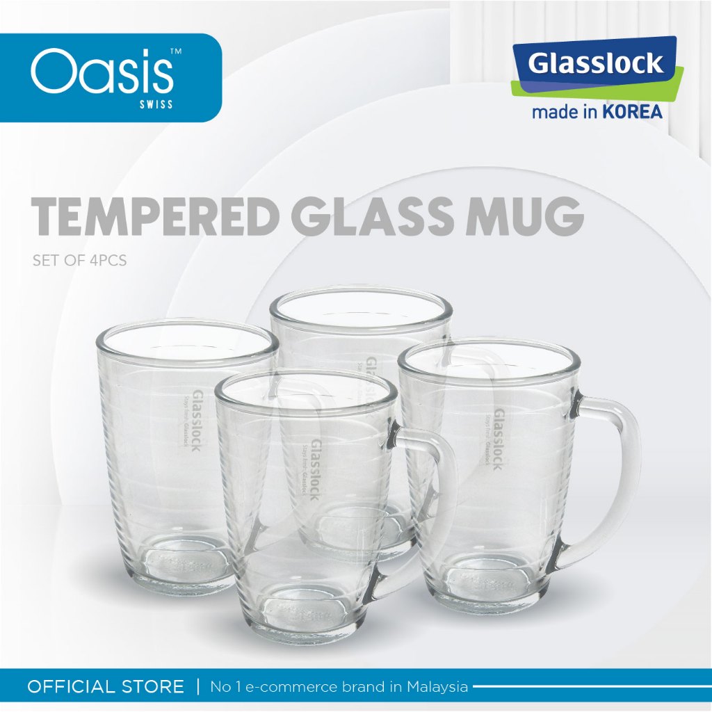 Glasslock Tempered Glass Mug Microwave safe High Quality Cawan Kaca Tahan Panas 480ml 4pcs ...